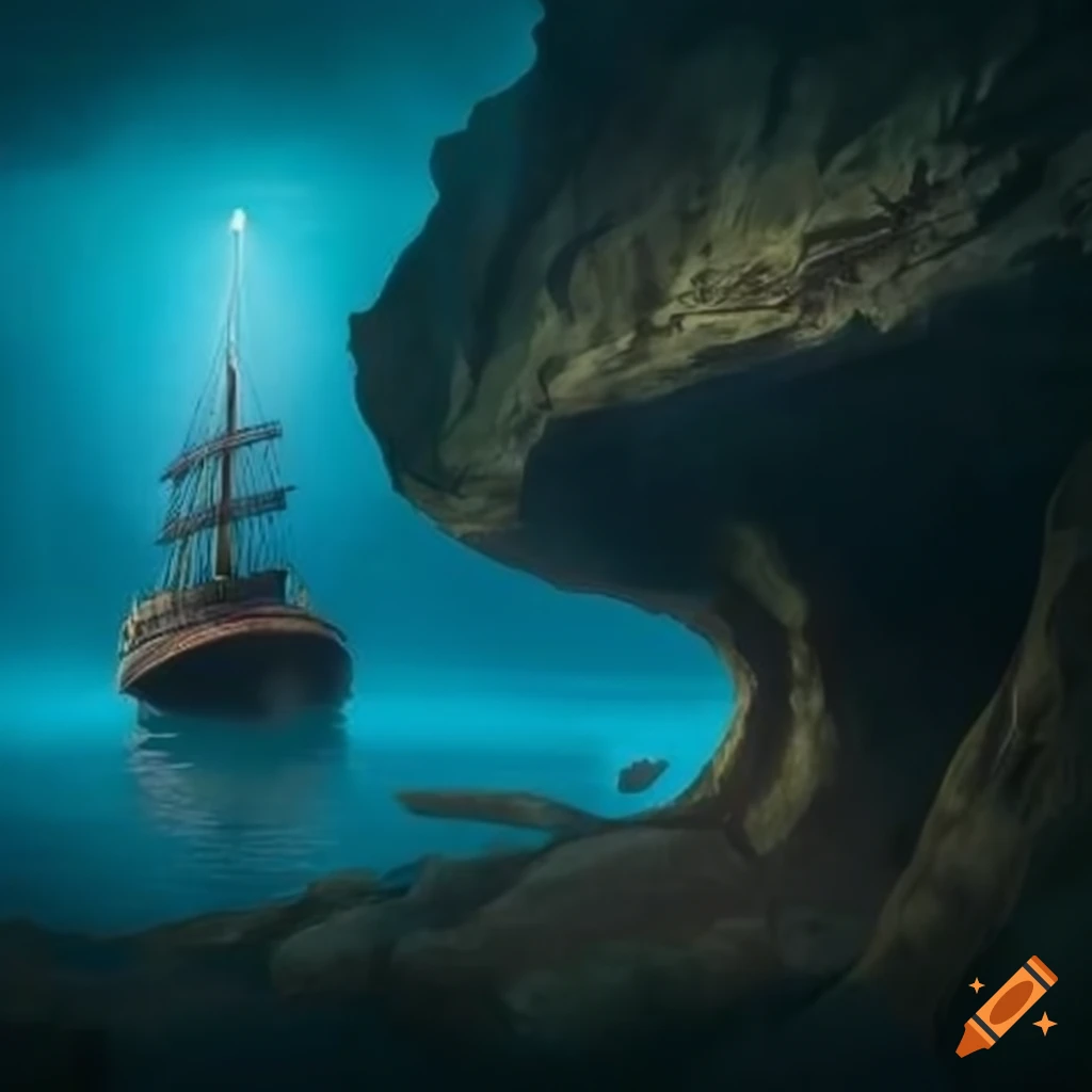 Ship in a cave at a wooden dock on Craiyon