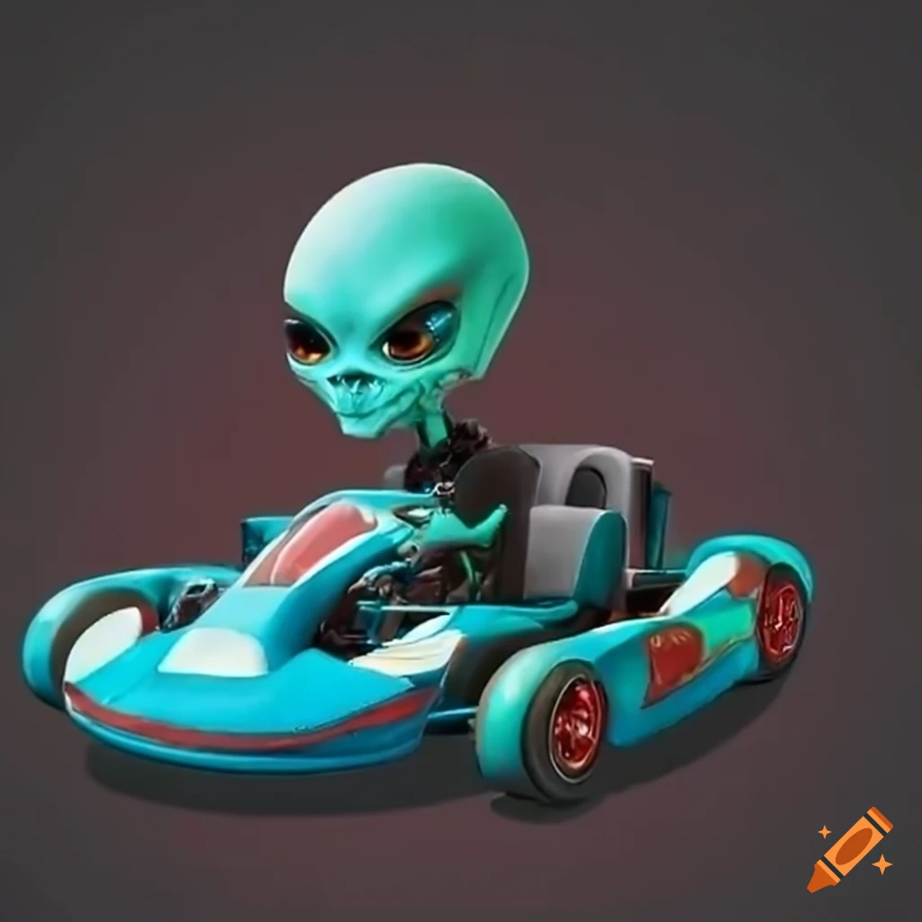 Alien driving a kart on Craiyon