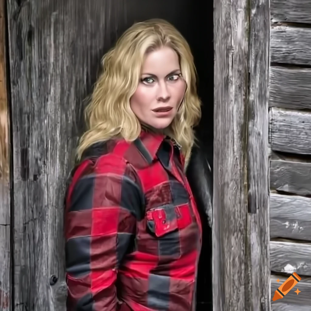 Blonde actress in a red plaid shirt under a black leather jacket and high-waist trousers on Craiyon