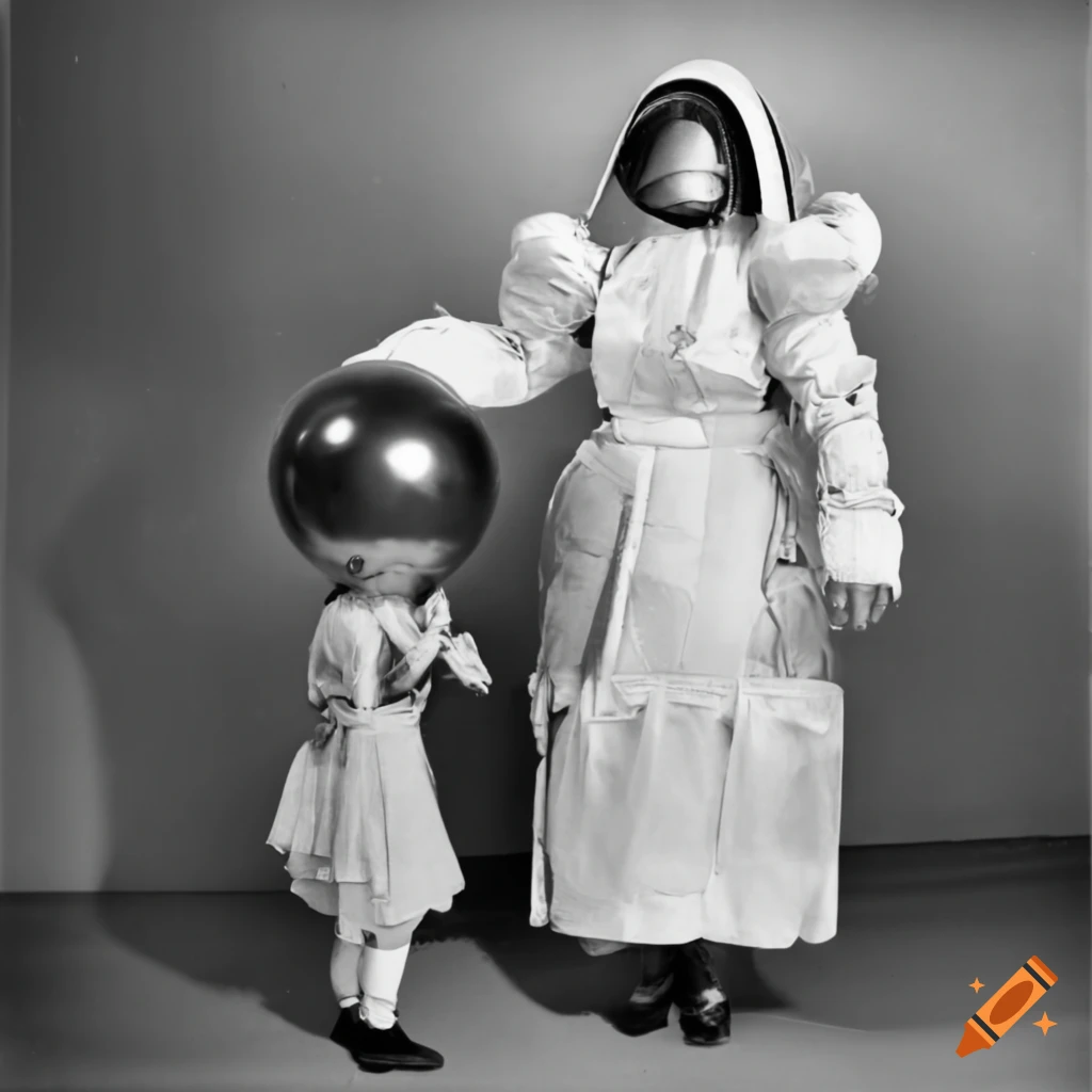 Tall insect nun in a space suit with victorian children in insect suits ...