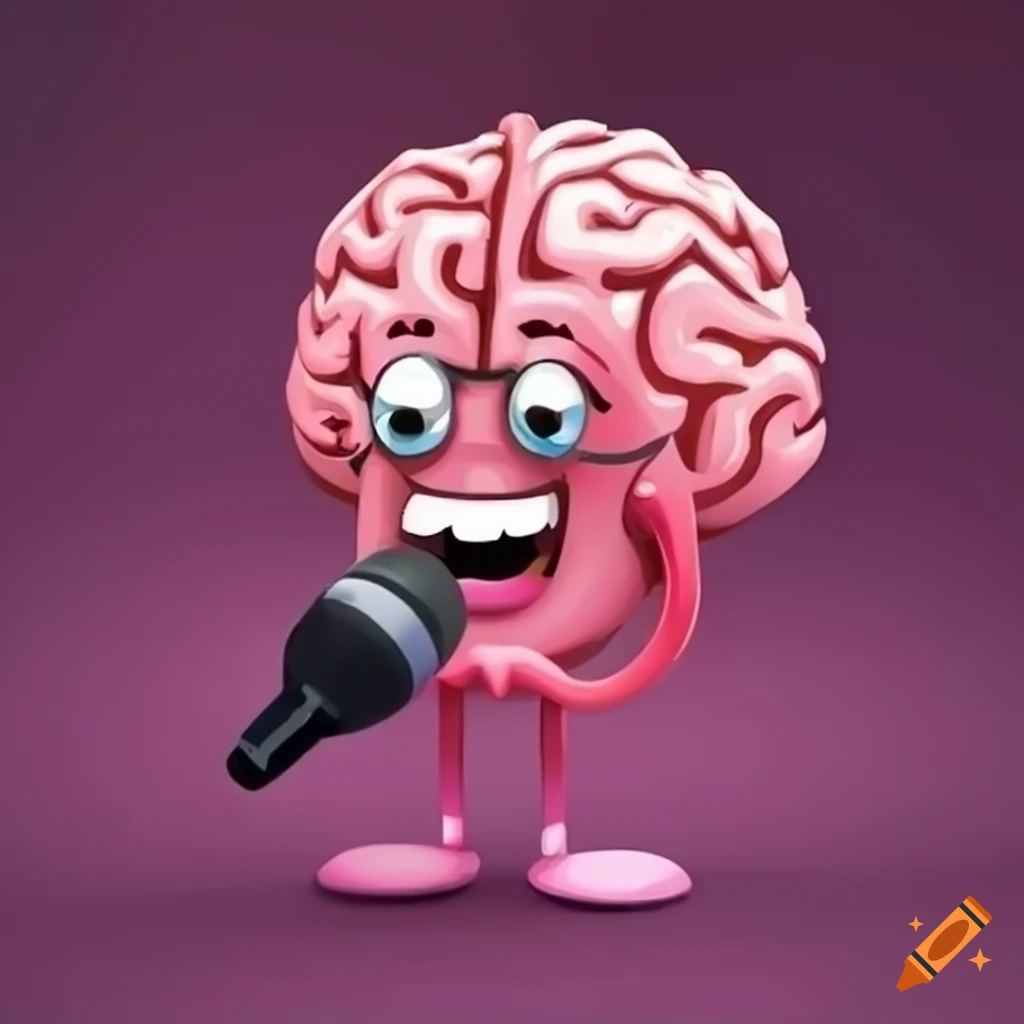 Cartoon brain with papercraft mouth speaking into microphone on Craiyon