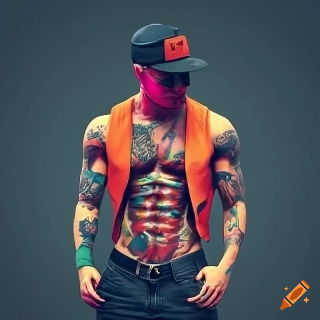 Fashionable outfit for a muscular singer with tattoos on Craiyon