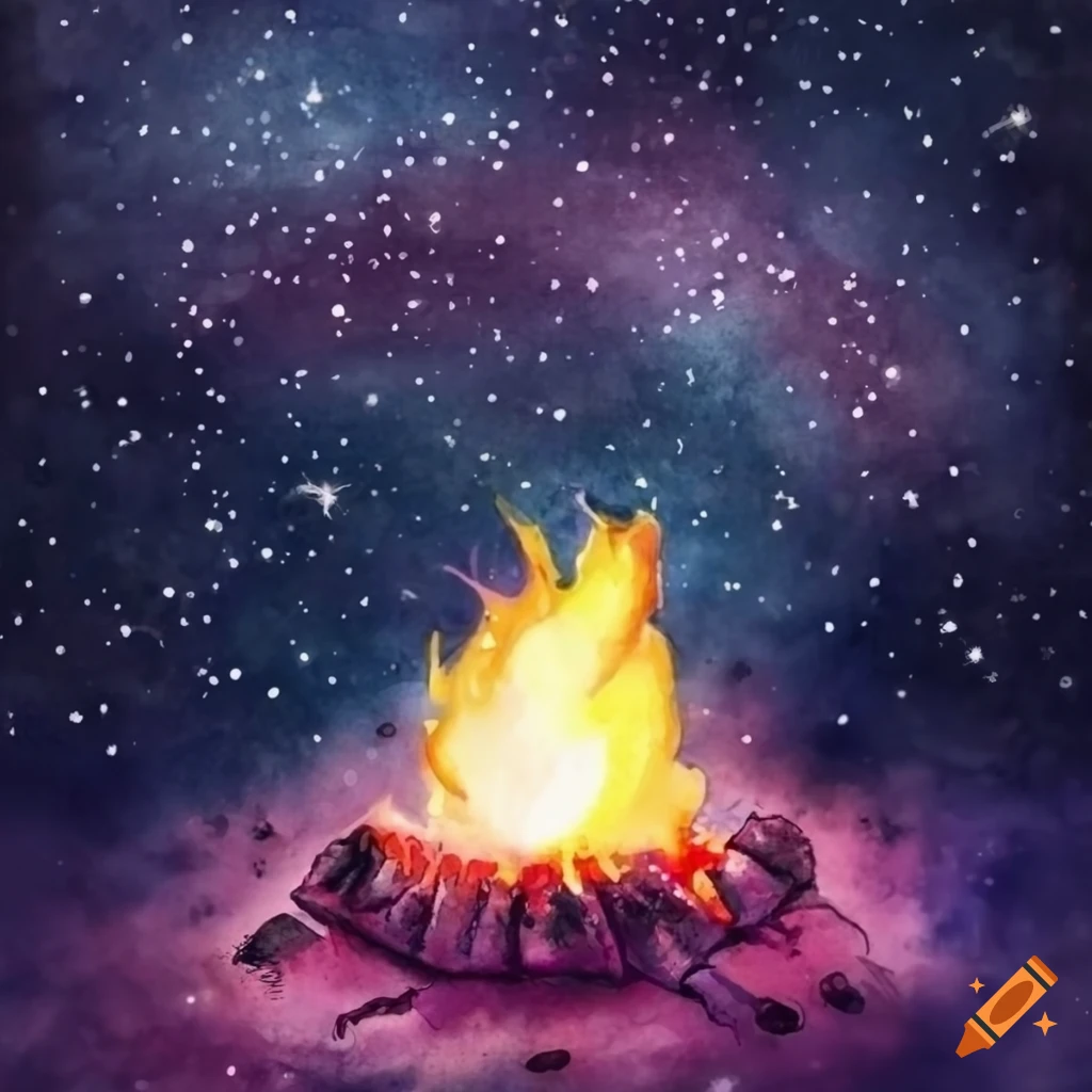 Campfire under a starry night sky in a watercolor painting on Craiyon