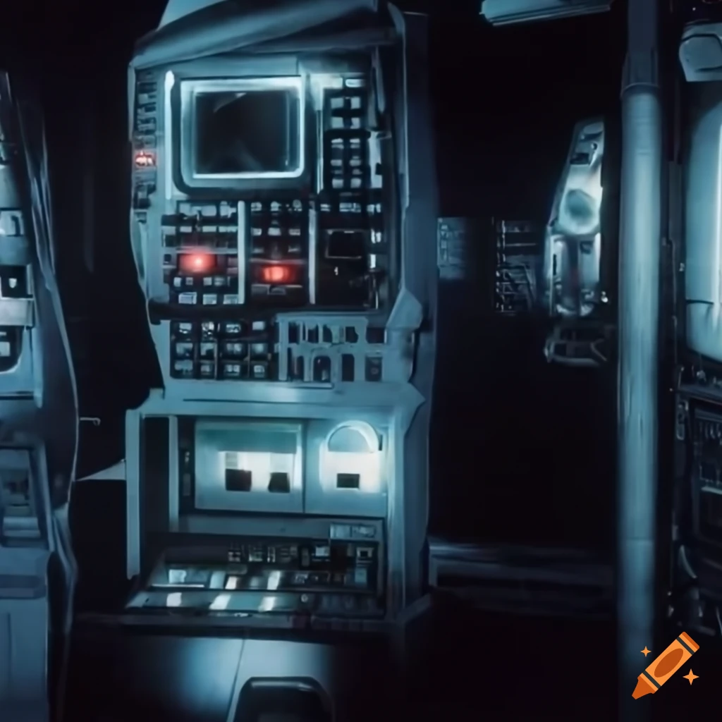 Sci-fi movie scene inside a detailed spaceship with computers, machines ...