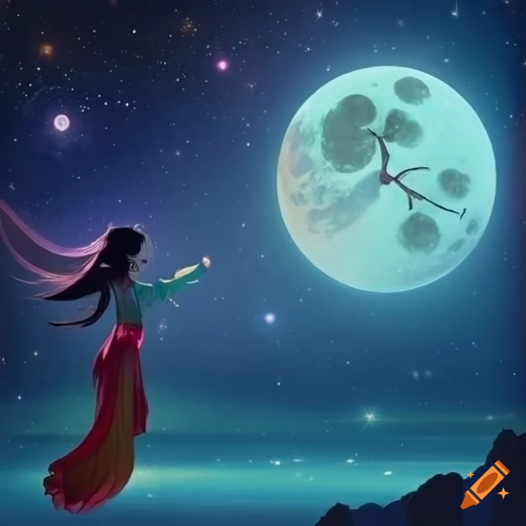 Serene night sky with stars, moon, and chang'e dancing with the jade ...