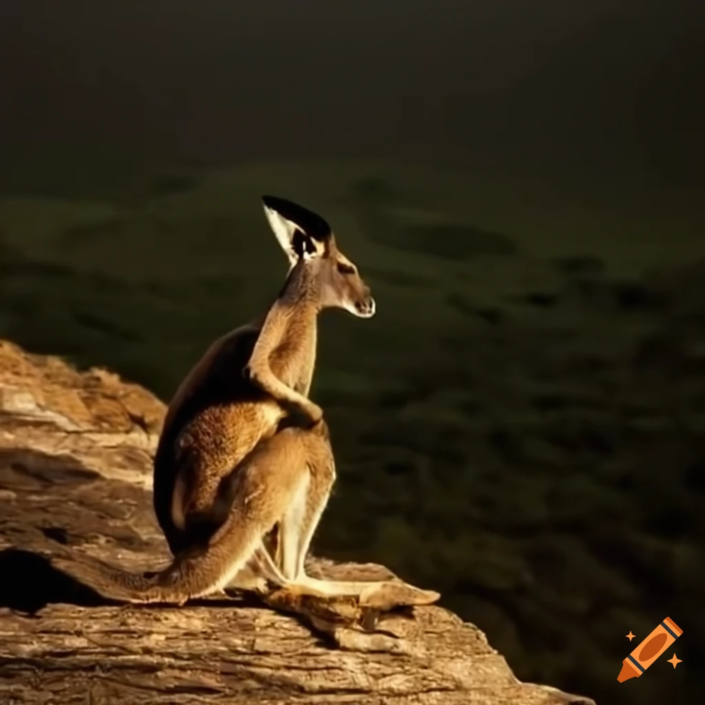 Kangaroo in a military hat looking left on a cliff on Craiyon