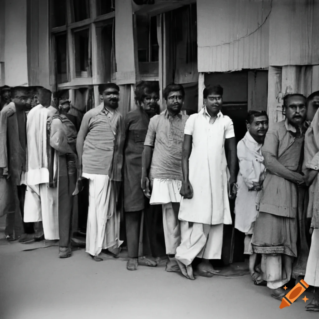 Indian men queuing for voting in the 1950s on Craiyon