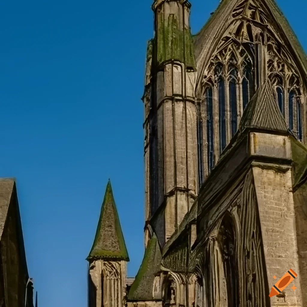 Exterior view of an old gothic monastery from the side on Craiyon