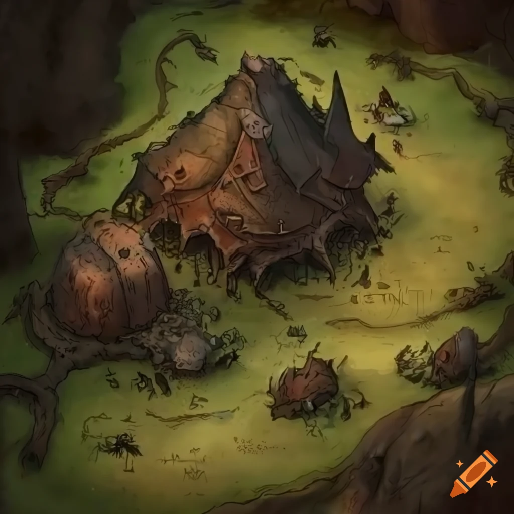 Battle map of an ogre camp on Craiyon