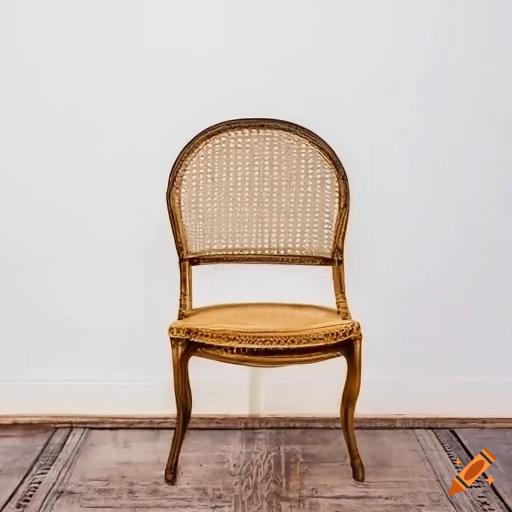 French cane chair in front of a large white wall on Craiyon