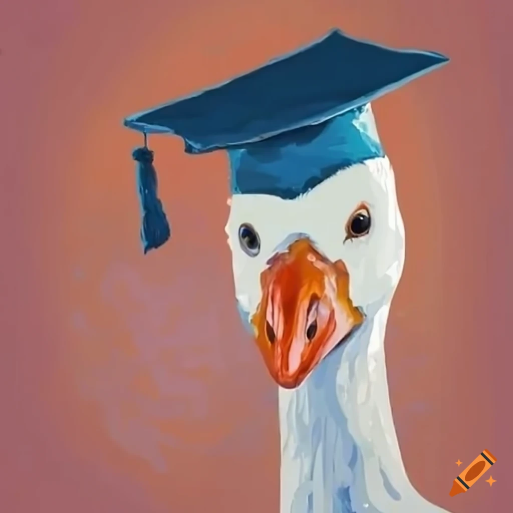 Goose in graduation cap among students on stage receiving diploma on ...