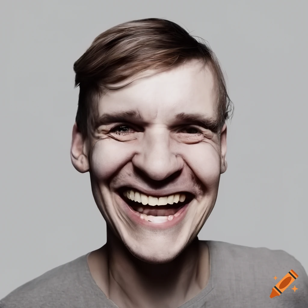 Man with a unique head smiling on light gray background on Craiyon