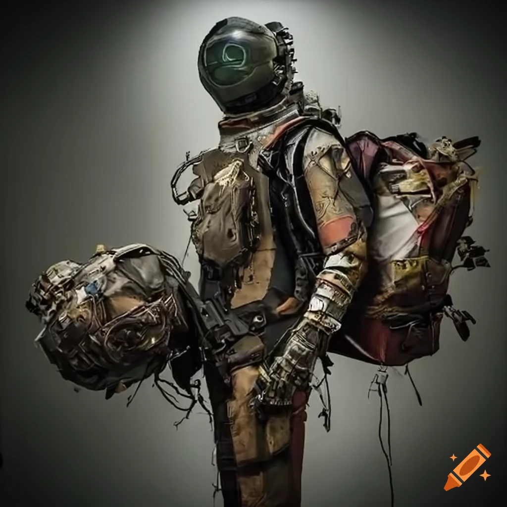 Post-apocalyptic cyborg scavenger in a space suit with a massive ...