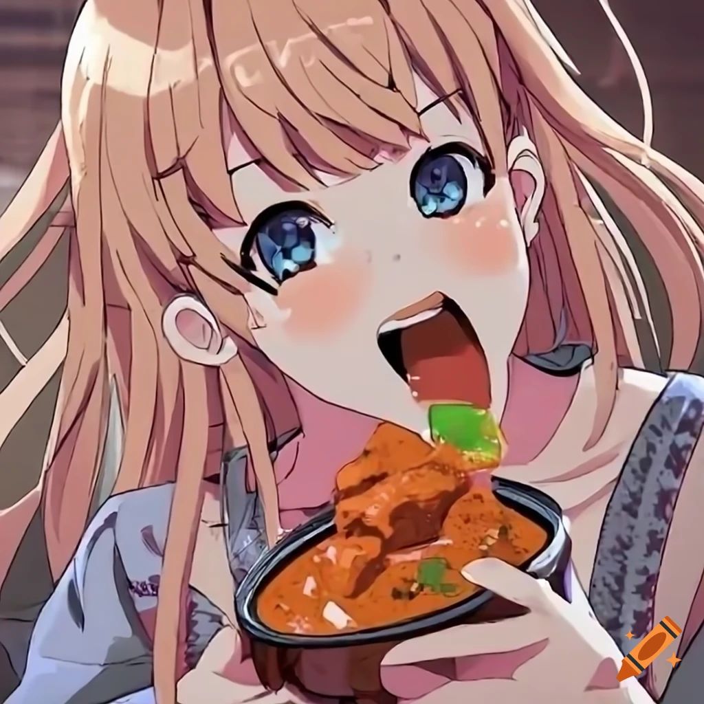 Anime waifu enjoying chicken tikka masala dish on Craiyon