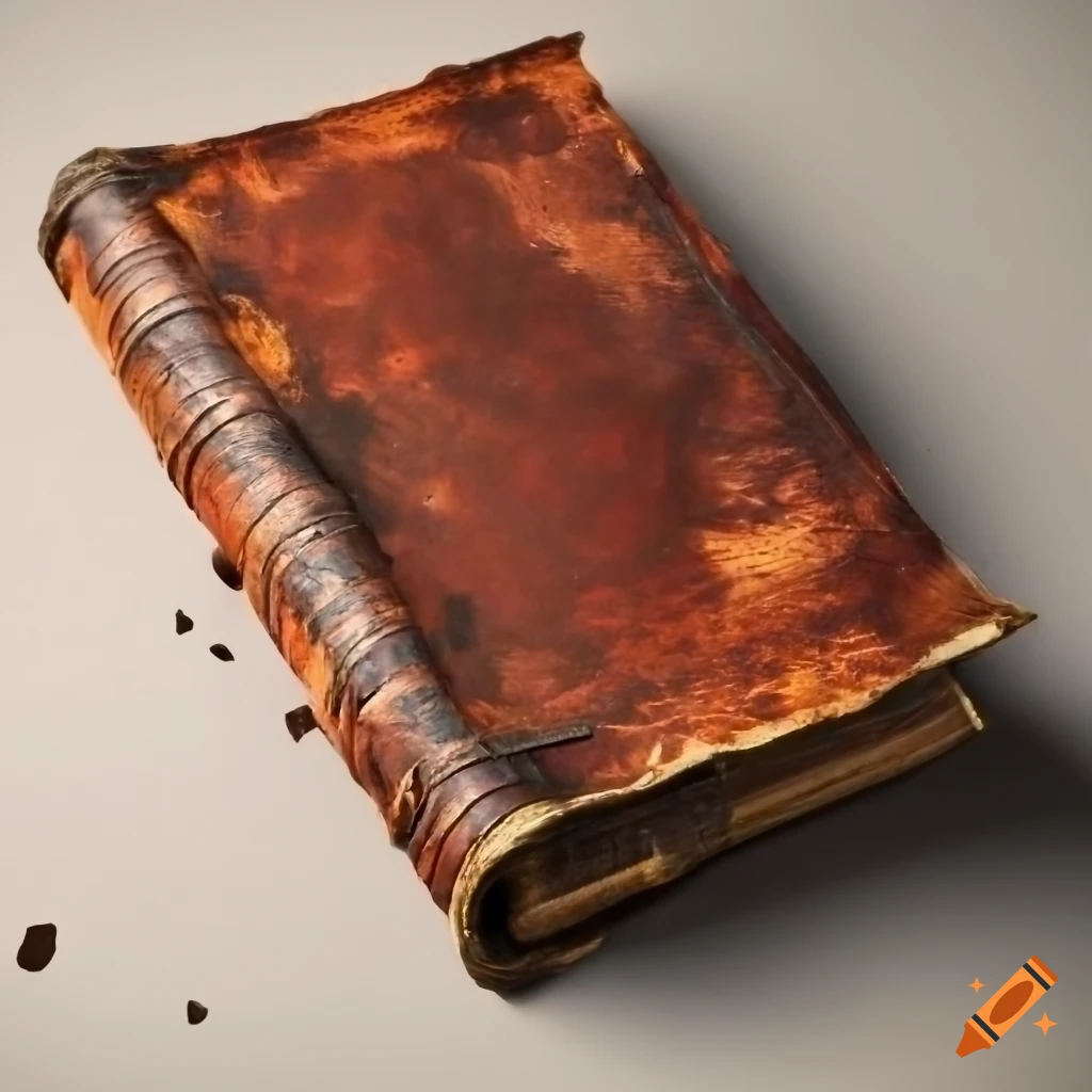 Old leather-bound ledger with fire damage on Craiyon