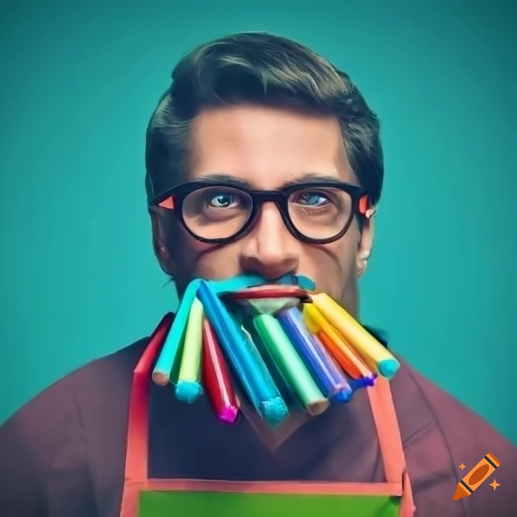 Creative man with colorful crayons and glasses on Craiyon