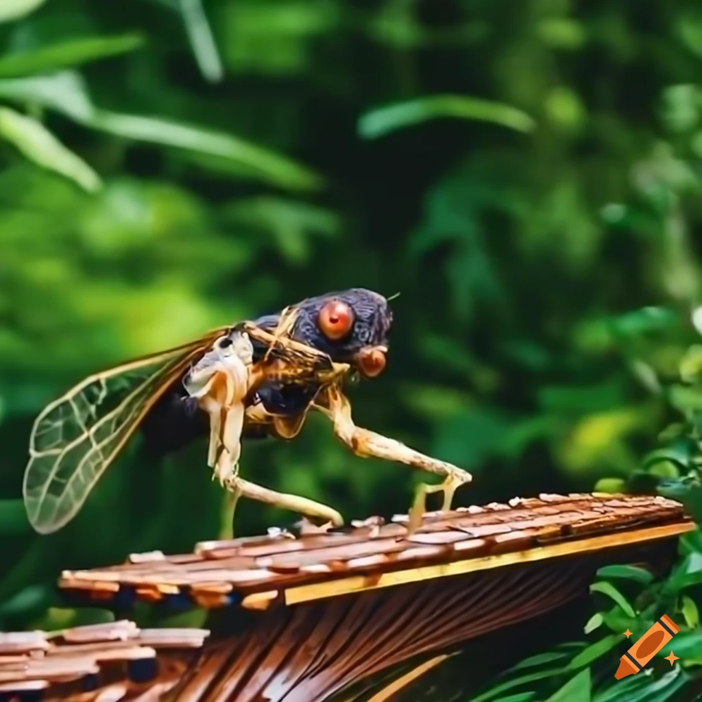 Cicada musician playing on a giant marimba in lush vegetation on Craiyon
