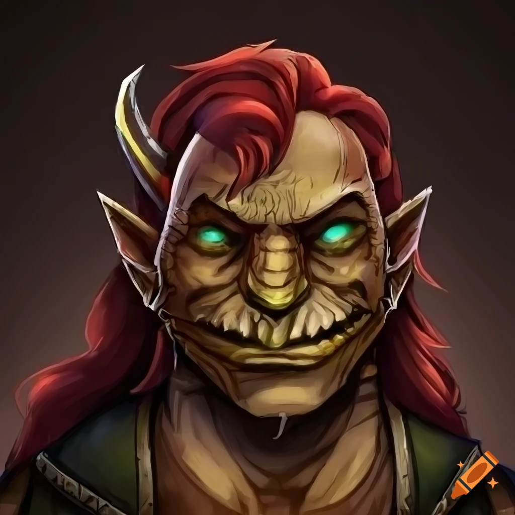 Character Franulfa, a male half-orc bard with red hair and grey eyes ...