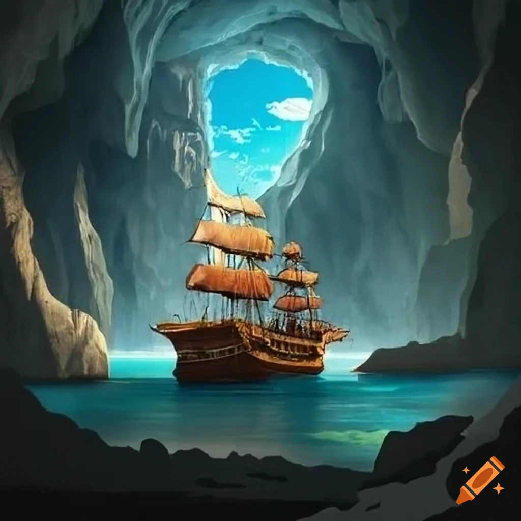 Ship in a cave at a wooden dock on Craiyon