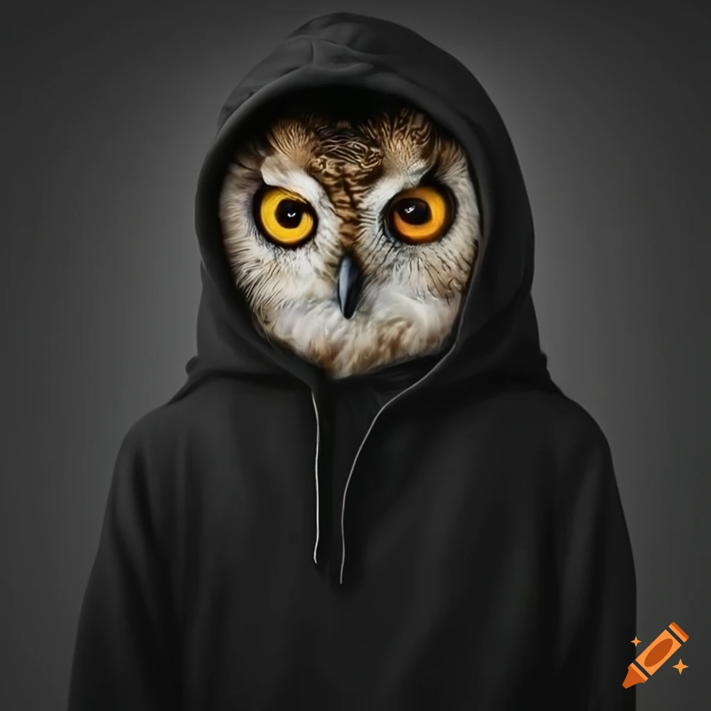 Hyper realistic portrait of an owl in a black hoodie on Craiyon