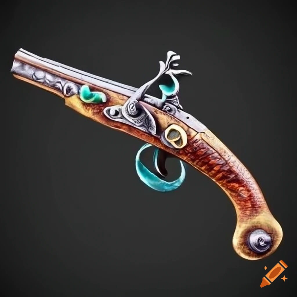 Intricately designed flintlock pistol with fishscale patterns and ...