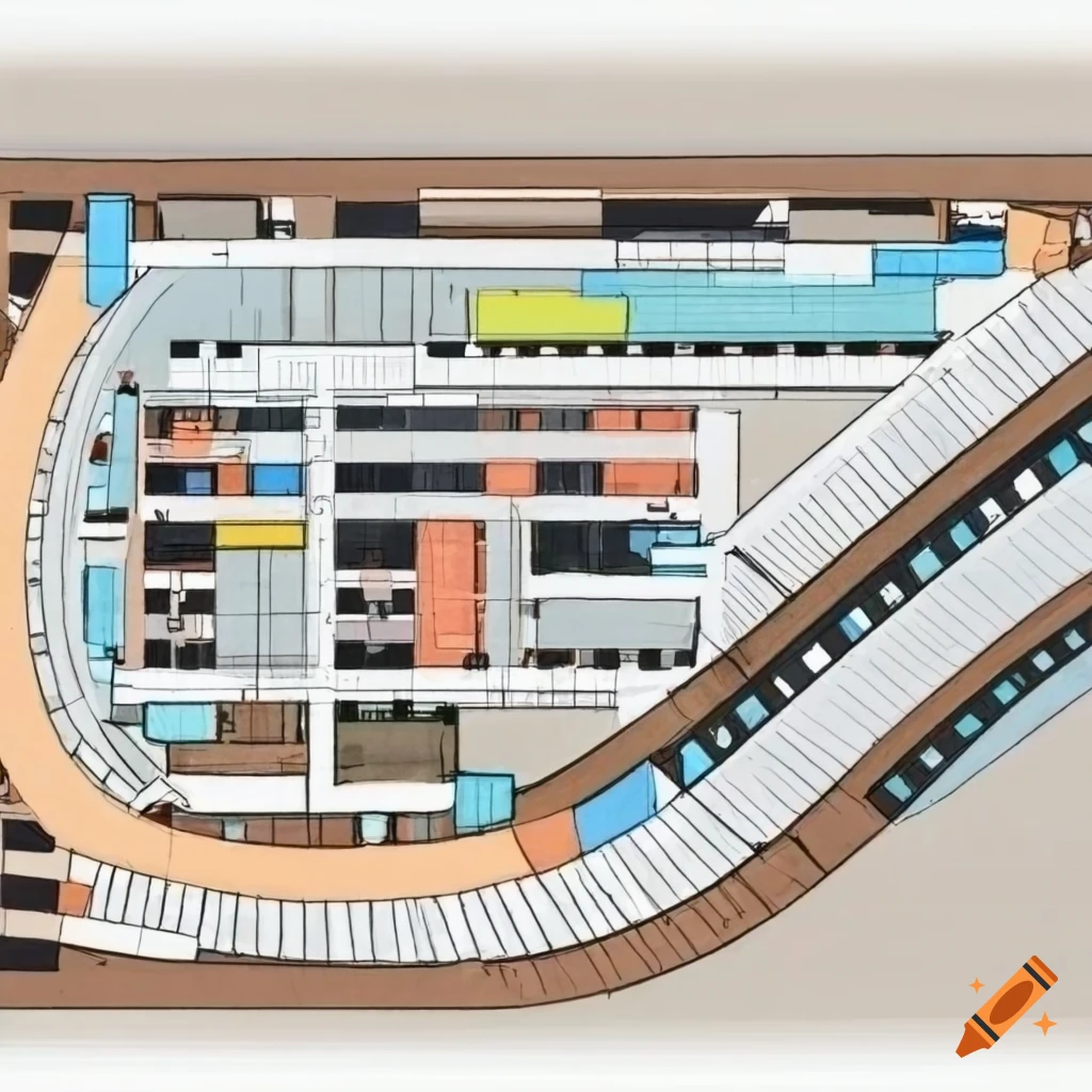 Sleek and modern train station layout with color-coded lines on Craiyon