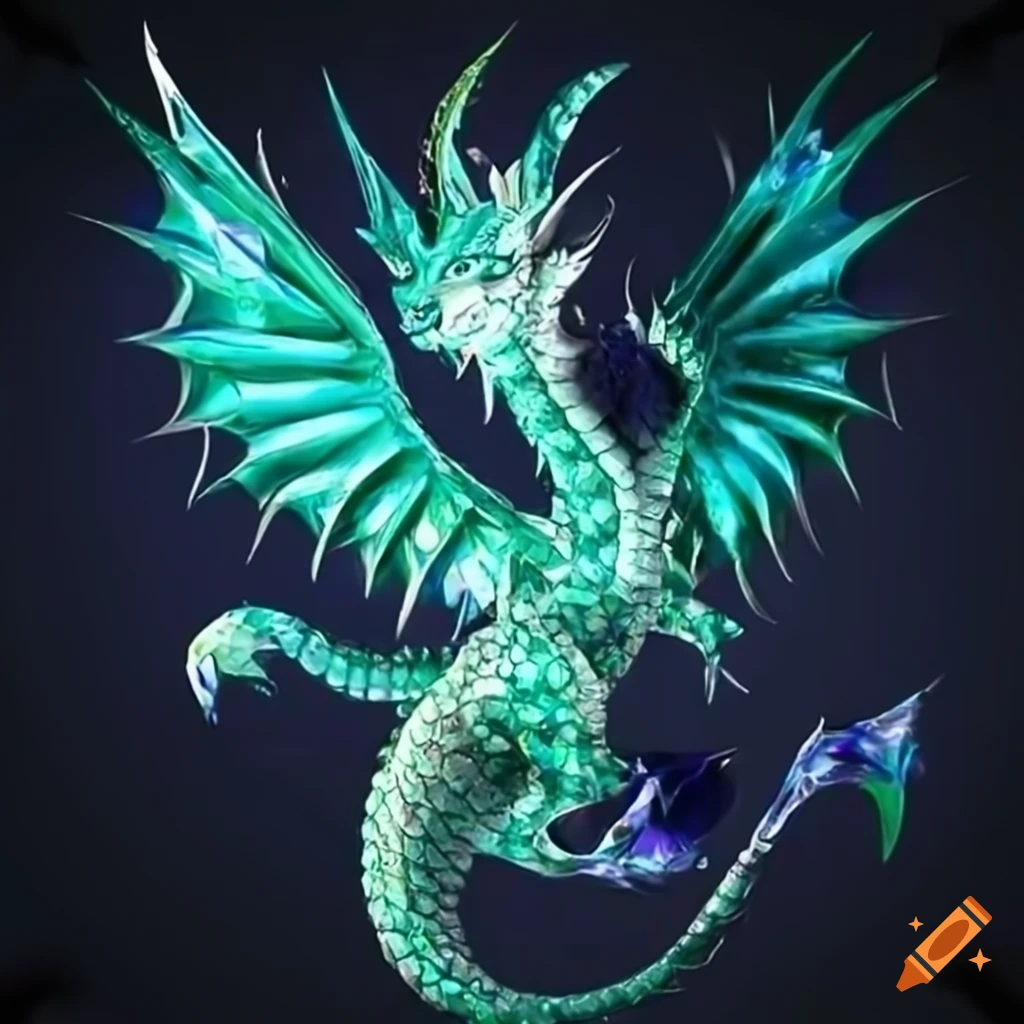 Mythical diamond dragon with green crystal wings soaring in the sky on ...