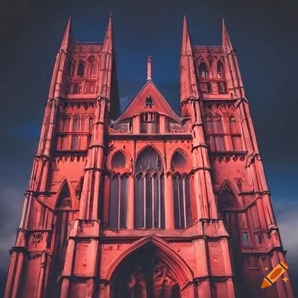 Outside view of an elegant red cathedral in england on Craiyon