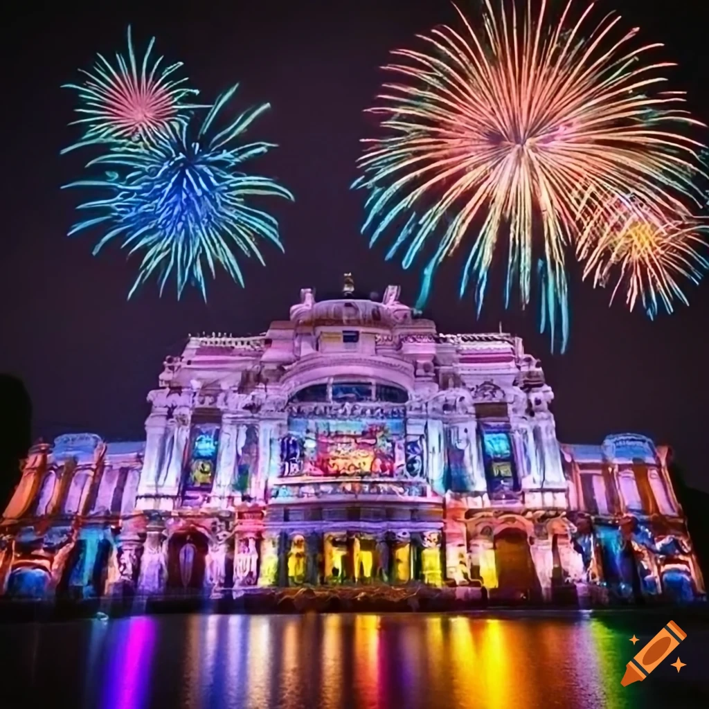 Cesar Palace Casino at midnight with star shine, fireworks, and ...