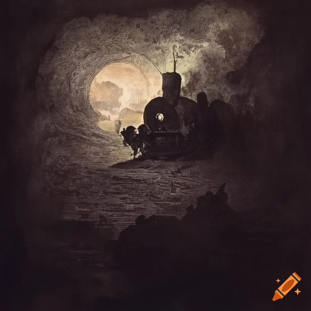 Surreal mezzotint artwork of a flying locomotive train in the night sky ...