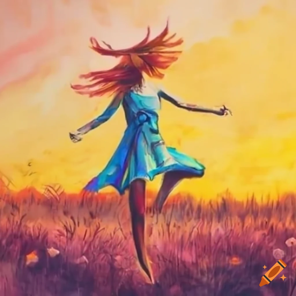 Joyful woman twirling in a sunlit field on Craiyon