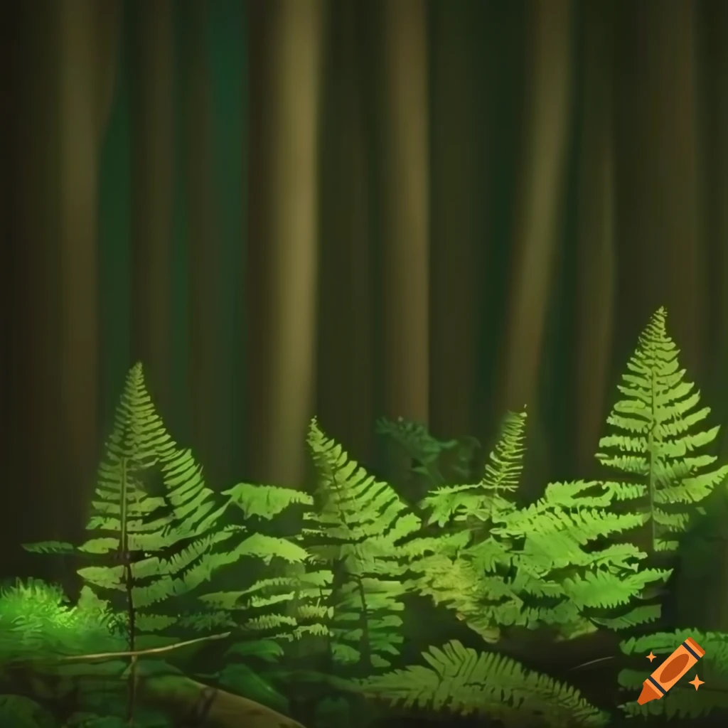 Stylized multiple ferns in a forest on Craiyon