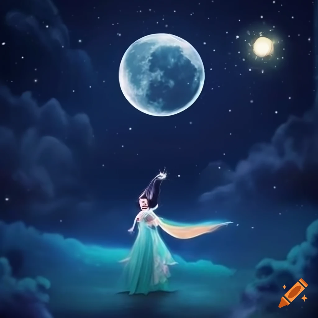 Serene night sky with stars, moon, and Chang'e dancing with the Jade ...