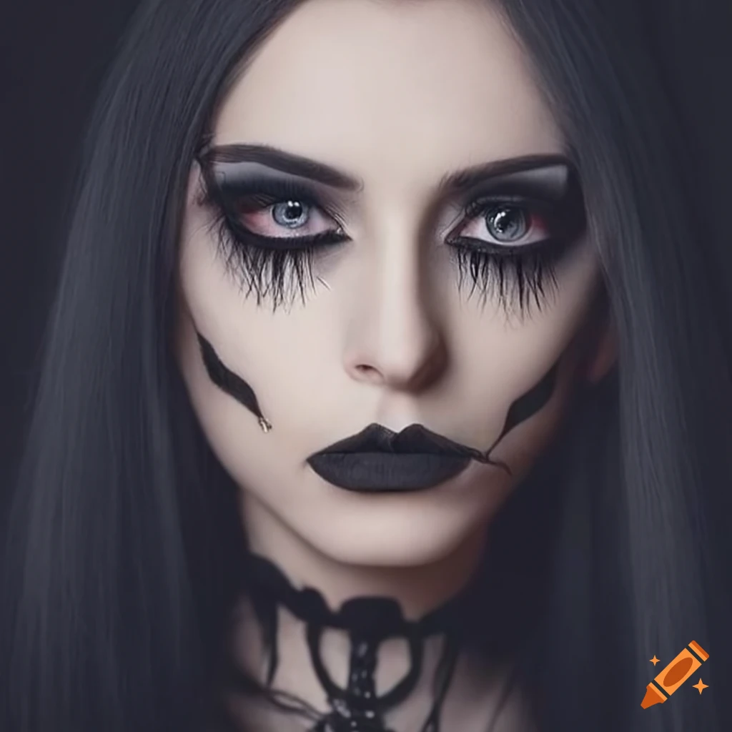 Gothic fashion model with long dark hair and fangs on Craiyon