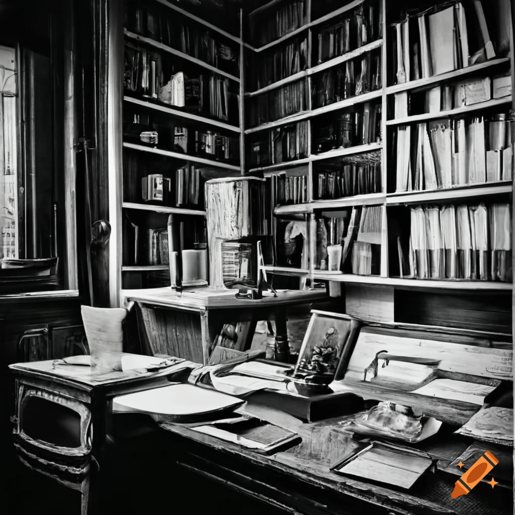 Black and white shot of a 1920s botanical professor's office on Craiyon