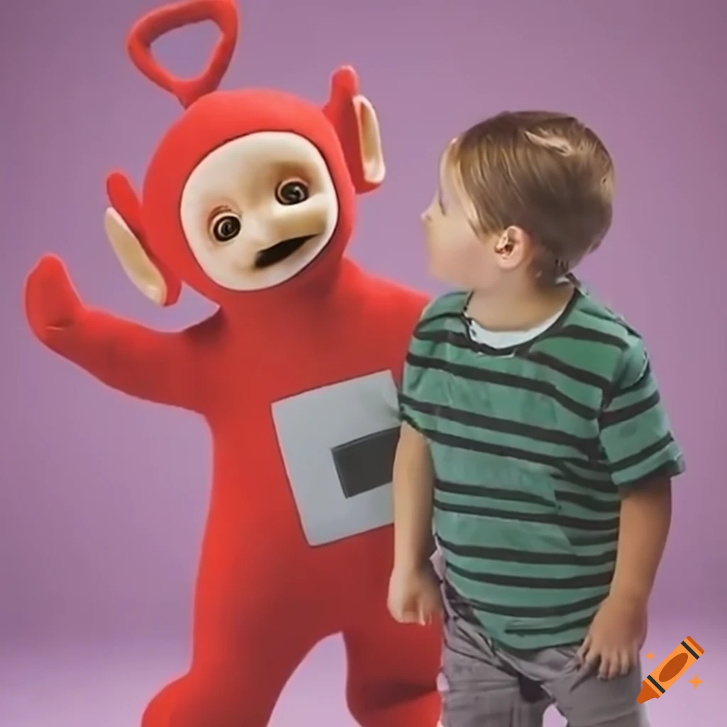 Female teletubby playfully capturing a boy on Craiyon