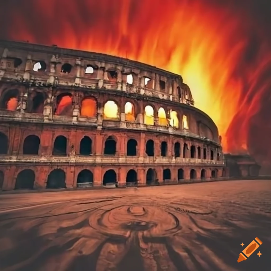 Fiery, hellish red colosseum in an intriguing setting on Craiyon