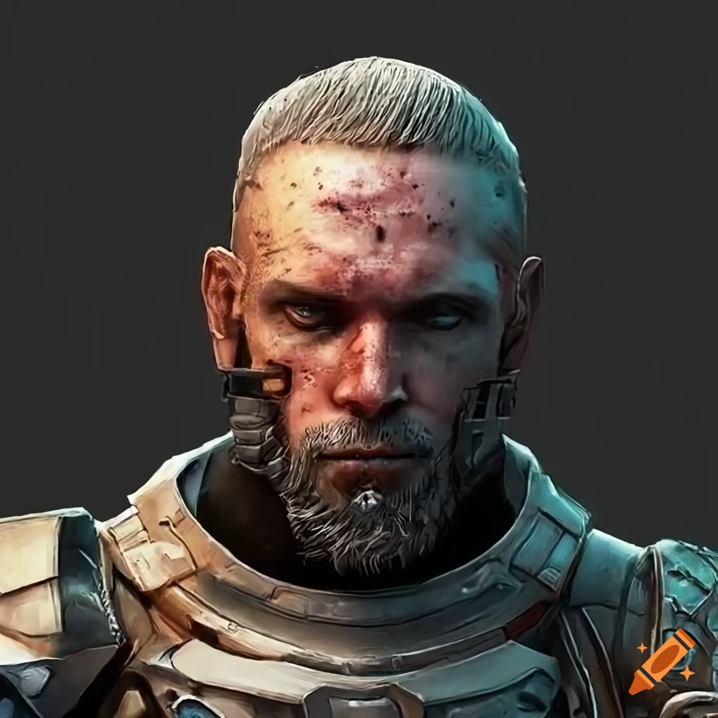 Battle-worn male soldier with cybernetic implants and bionic left eye ...