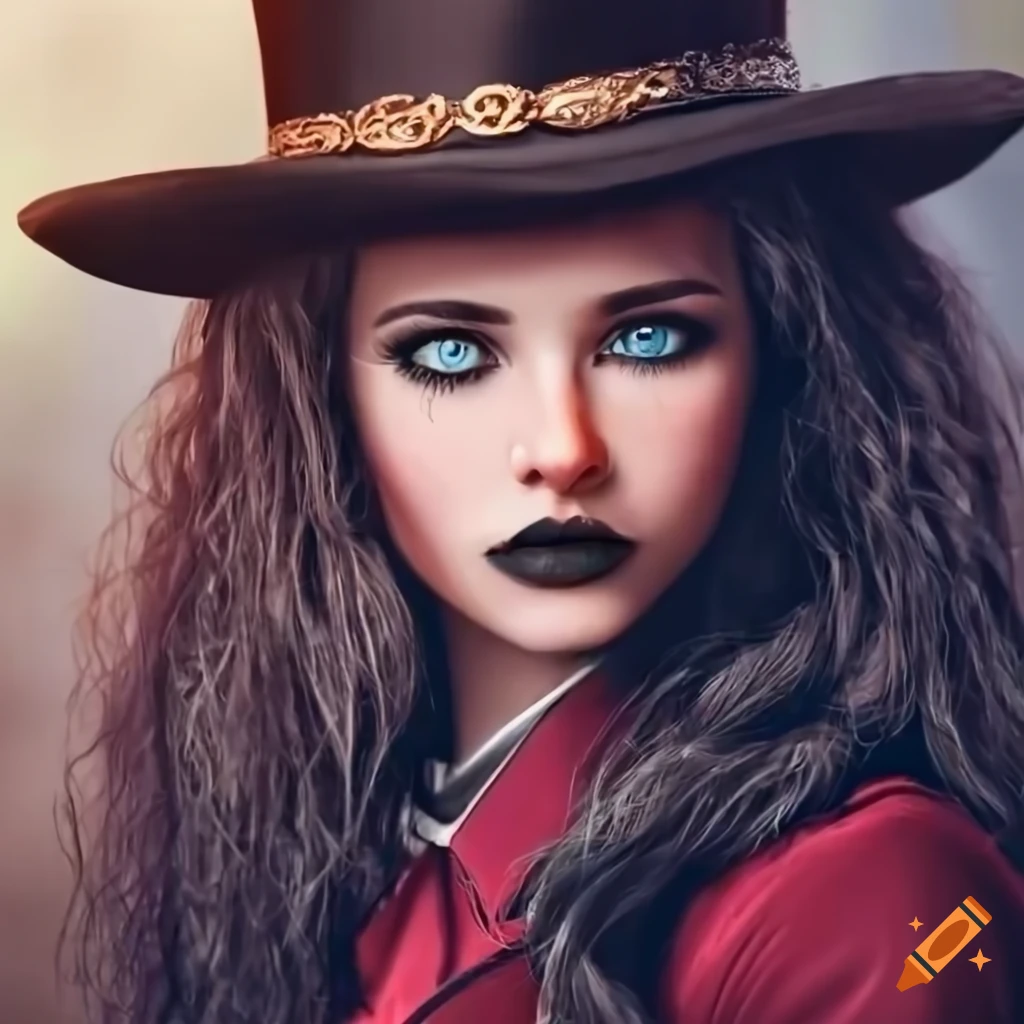 Young woman with determined look, black hair, and blue eyes dressed in ...