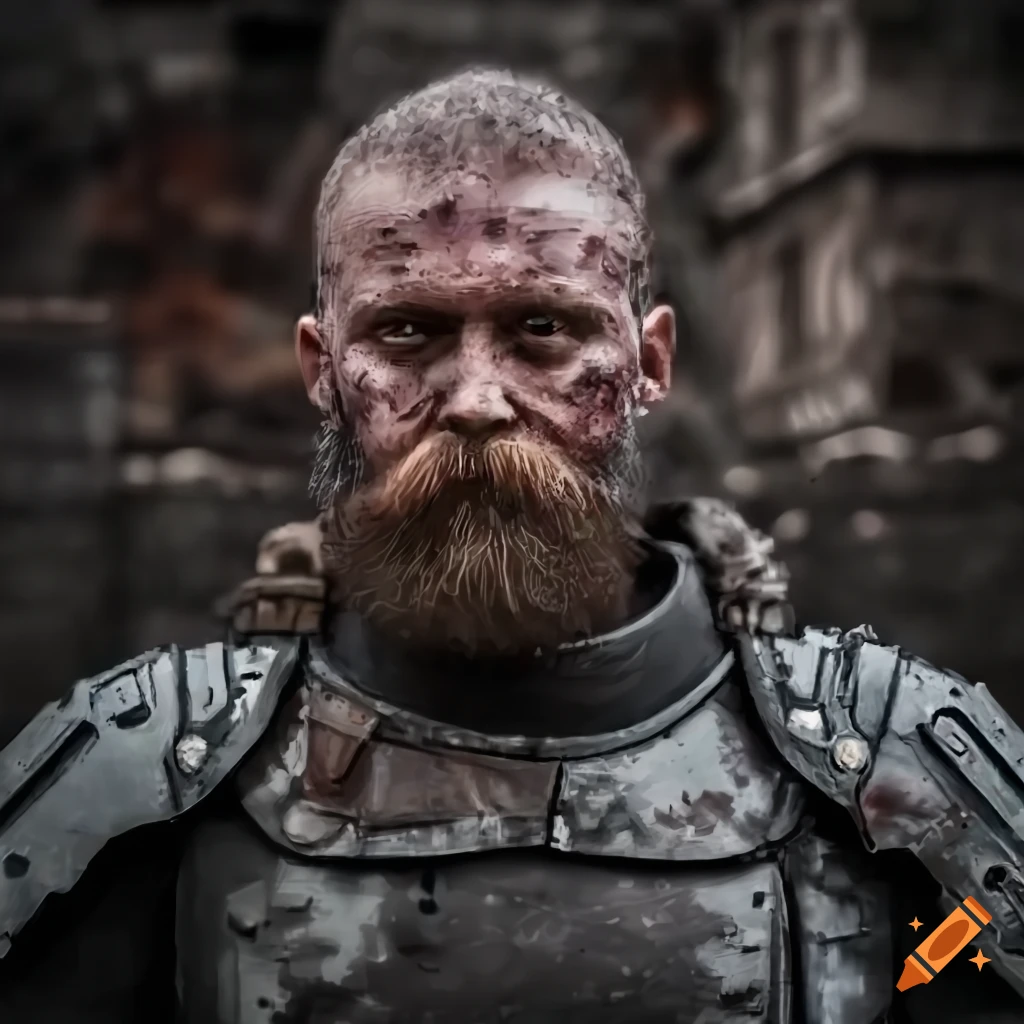 Older battle-worn male soldier in futuristic armor on Craiyon