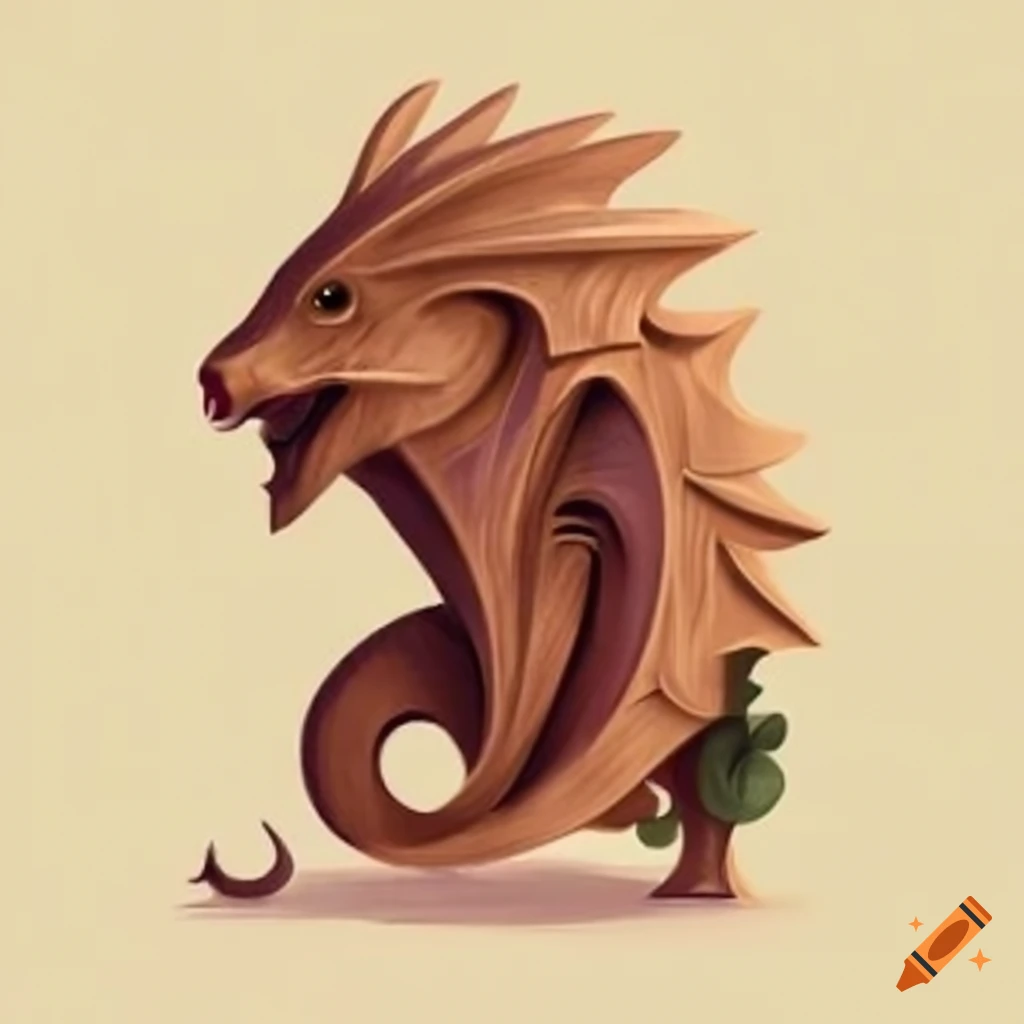 Mythical aquatic creature sculpted from wood in a stylized artwork on ...
