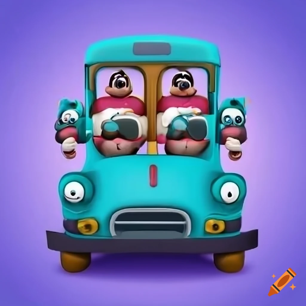 3D cartoon puppies driving a bus in a fun cartoon style on Craiyon