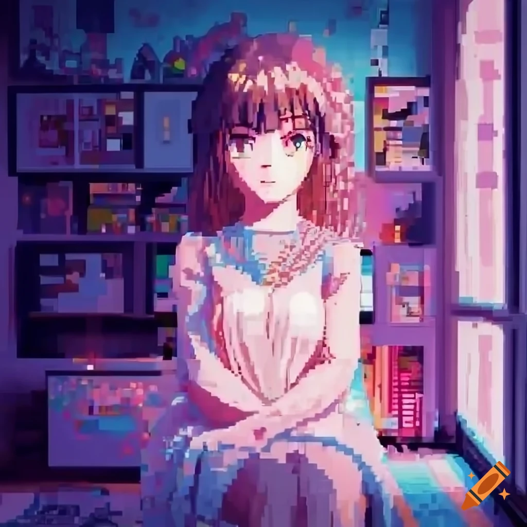 Collection Of Pixel Art Anime Girl Posters In An Otaku Bedroom On Craiyon