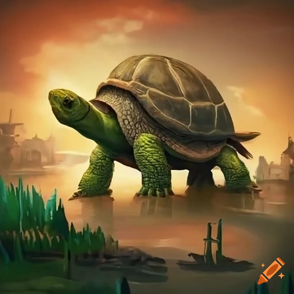 Colossal battle turtle with a village on its back on Craiyon