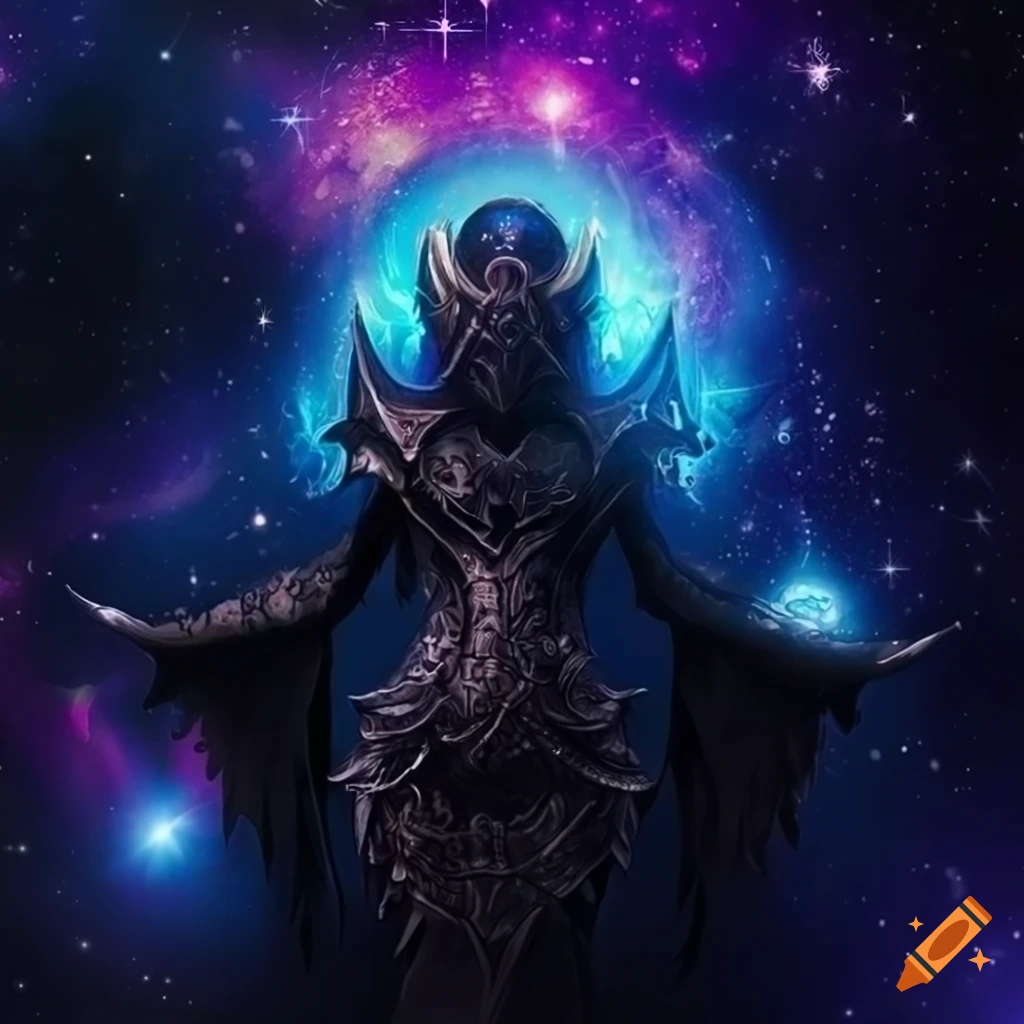Cosmic Valkyrie with black armor and wings in a space setting on Craiyon