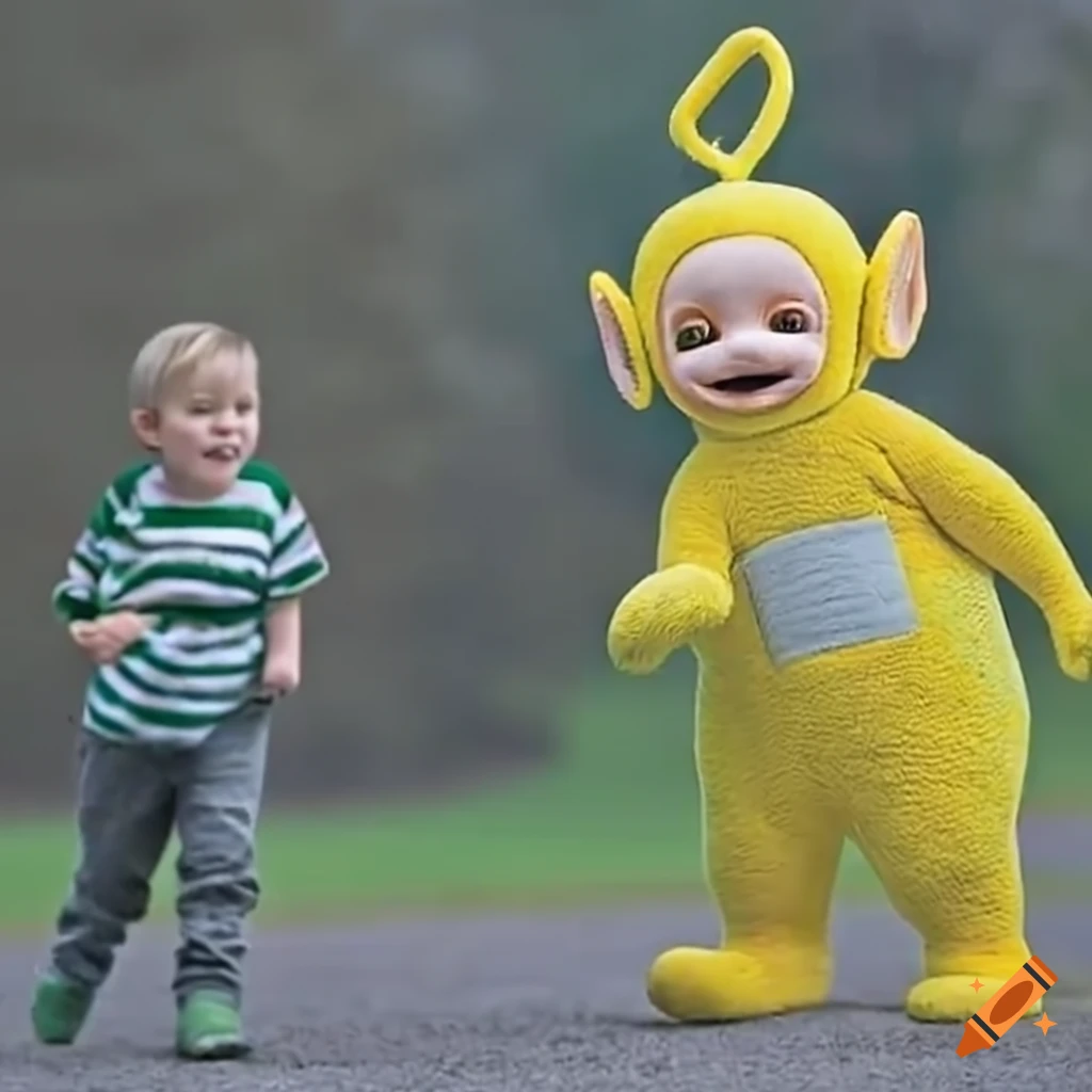 Female teletubby playfully telling a boy she will gobble him up on Craiyon