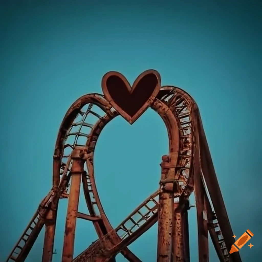 Eerie abandoned roller coaster with rusted heart-shaped symbol on Craiyon