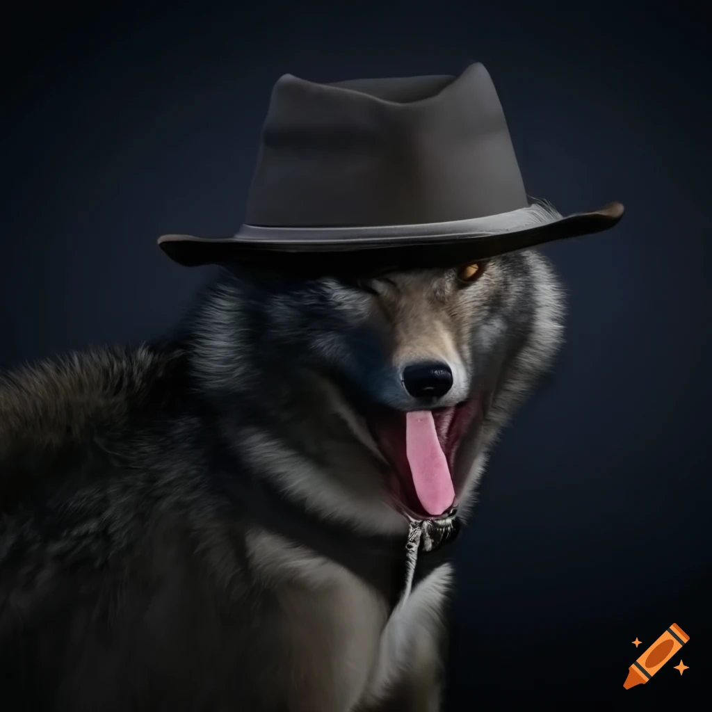 Wolf in tuxedo and fedora standing upright on Craiyon
