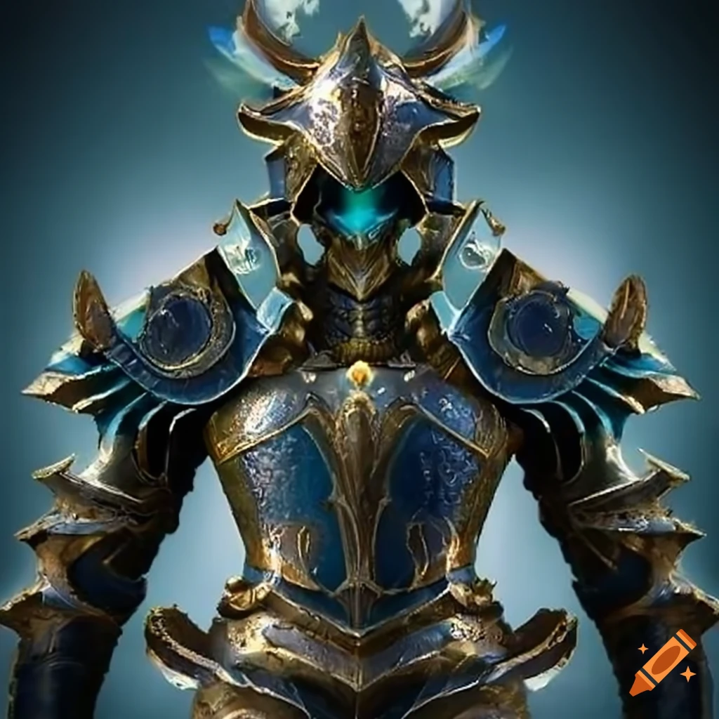 Front view of ornate magic armor on Craiyon