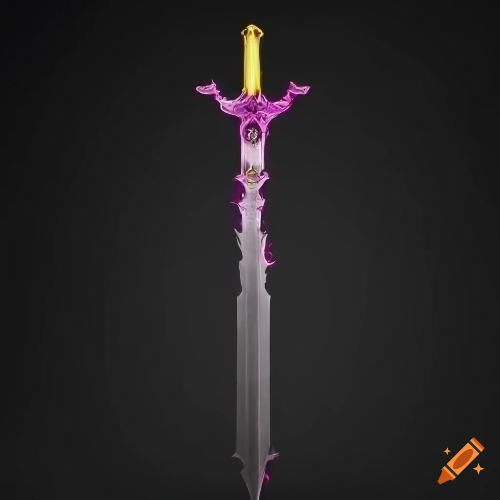 Intricately crafted mythical sword emitting purple particles on Craiyon